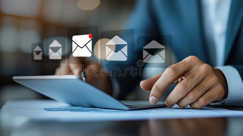 Person Using Tablet with Email Icons Floating Above Stock Illustration ...