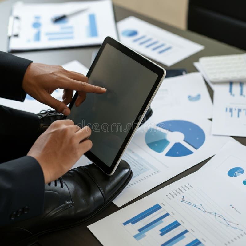 A Person Using a Tablet with Financial Documents Spread Across a Desk ...