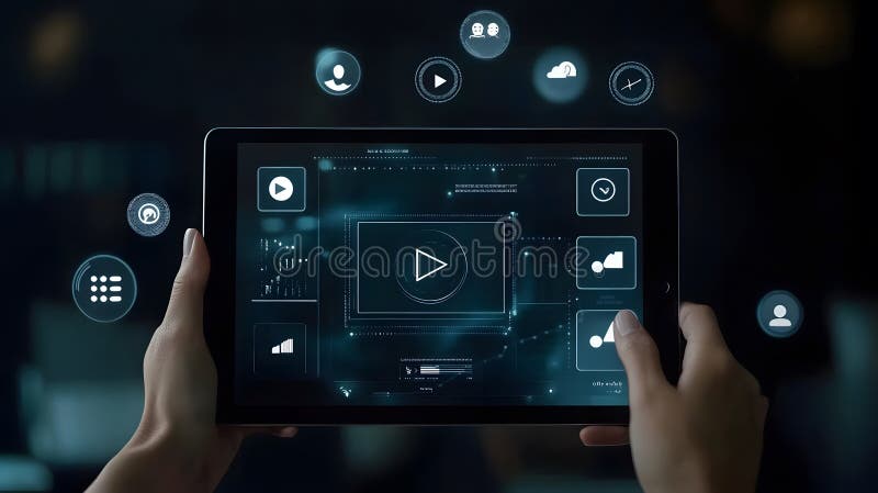 Person Using Tablet with Floating Digital Interface Icons for Video ...