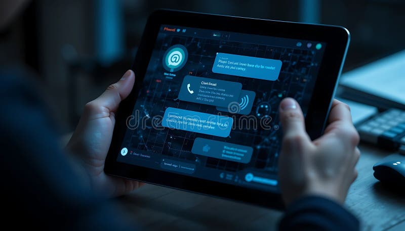 Person Using Tablet with Futuristic Interface for Secret Mission Stock ...