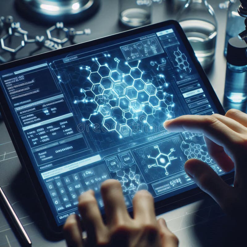 A Person Using a Tablet with a Glowing Honeycomb Pattern and Chemical ...
