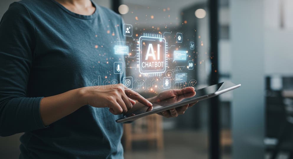 Person Using Tablet with Holographic AI Chatbot Display in Modern ...