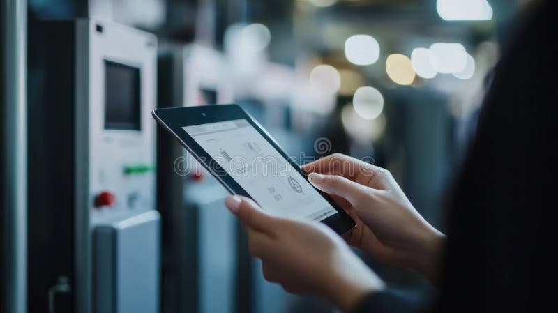 Person Using Tablet in Industrial Setting with Control Panels ...