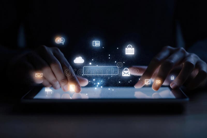 Person Using Tablet for Online Research. Hands Tap on Screen with ...