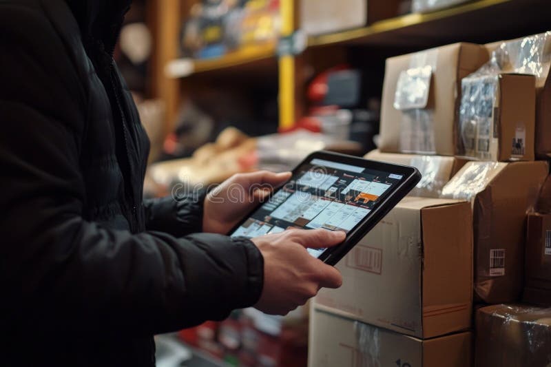 A Person Using a Tablet To Manage Inventory in a Warehouse. Technology ...
