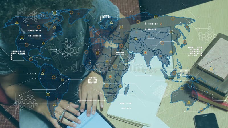 Person Using Tablet with World Map and Data Processing Animation Overlay Stock Video - Video of ...