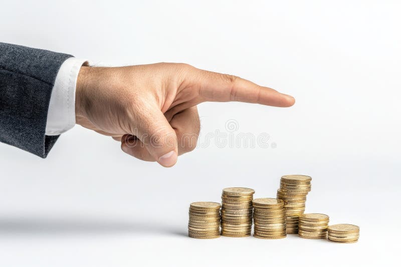 A Person is Using Their Finger To Point at a Large Stack of Coins Stock ...