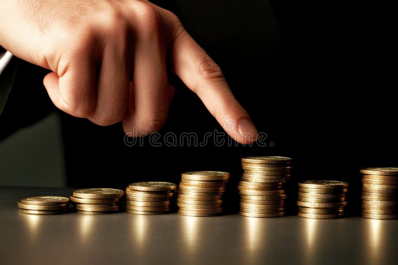 A Person is Using Their Finger To Point at a Large Stack of Coins Stock ...