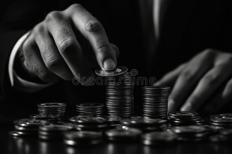 A Person is Using Their Finger To Point at a Large Stack of Coins Stock ...