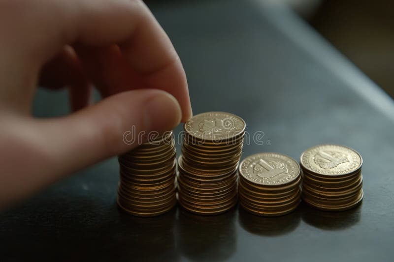 A Person is Using Their Finger To Point at a Large Stack of Coins Stock ...