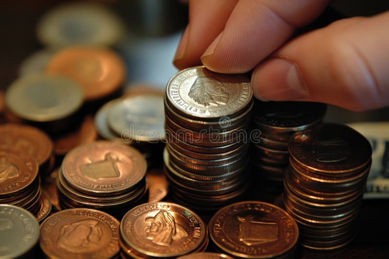A Person is Using Their Finger To Point at a Large Stack of Coins Stock ...