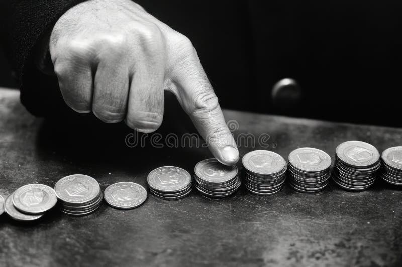 A Person is Using Their Finger To Point at a Large Stack of Coins Stock ...
