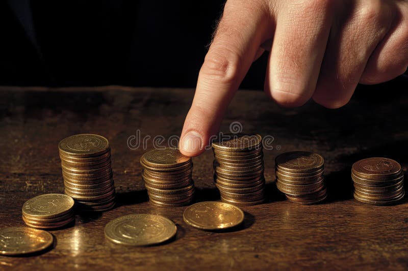 A Person is Using Their Finger To Point at a Large Stack of Coins Stock ...