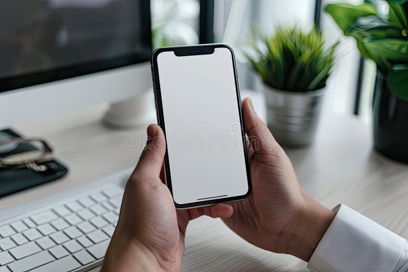 A Person is Holding a Cell Phone with a White Screen, Showing a Gesture ...