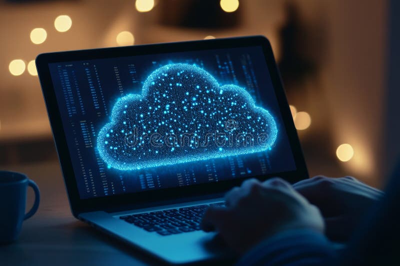 A Person is Using Their Laptop, with Digital Clouds and Orange Folder ...