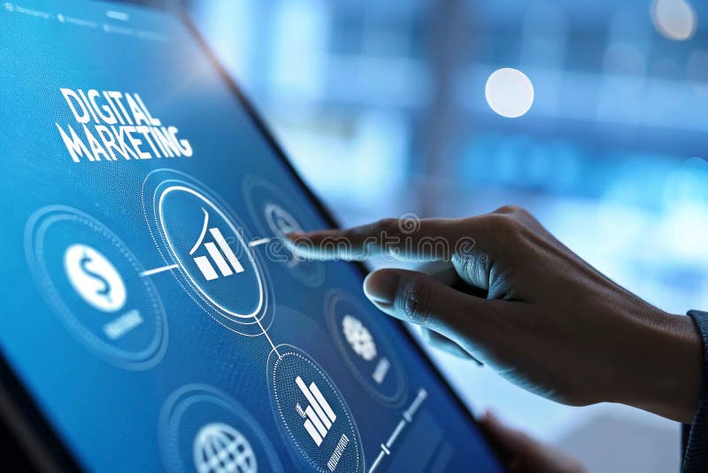 Person Using Touchscreen Showing Digital Marketing Data Analytics Stock ...