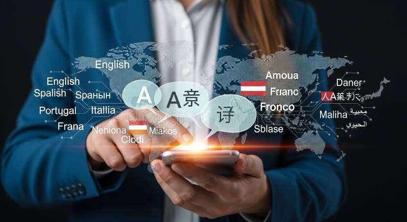 Person Using Translation App on Smartphone with World Map and Multiple ...