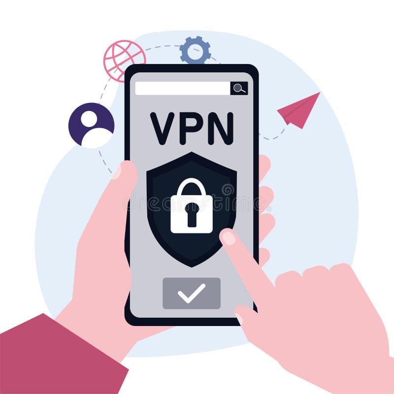 Person Using VPN App To Protect Personal Data. Hands Holding Phone with ...
