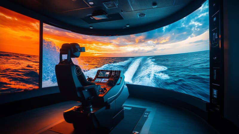 Person Using Vr Headset in a Boat Simulator with Ocean View Screens ...