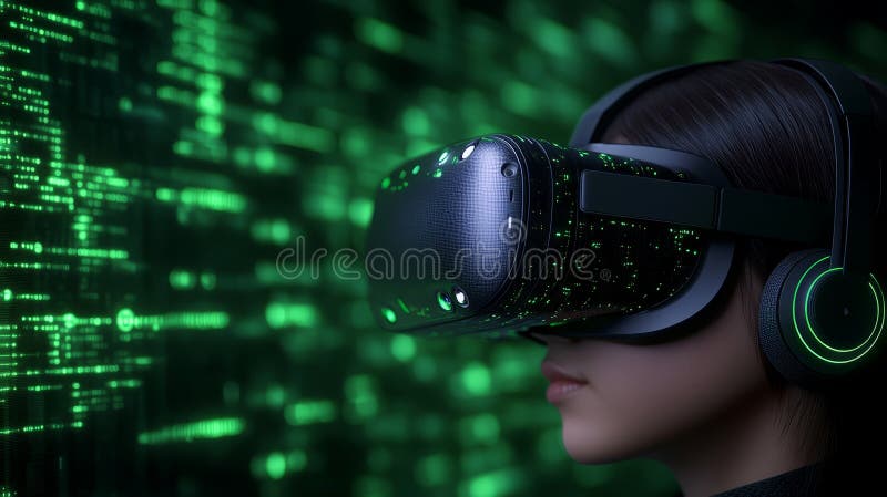 Person Using VR Headset with Digital Interface Stock Illustration ...