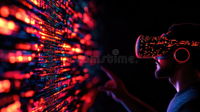 A Person Using a VR Headset, Immersed in Immersive Digital Neon Space a ...