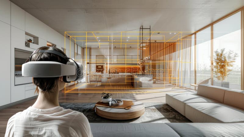 Person Using VR Headset To Explore Virtual Living Room Mockup Stock ...