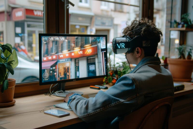 Person Using VR Technology in a Modern Home Office, Emphasizing Digital ...