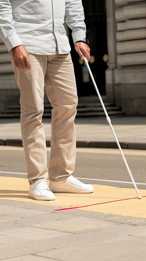 A Person Using a White Cane Walks Across a Crosswalk with Yellow ...