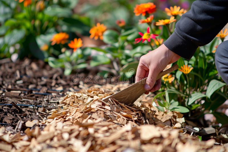 Person Using Wood Chips As Mulch in a Flowerbed Stock Photo - Image of ...