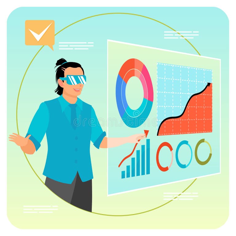Man Using Virtual Reality Interface Displaying Data Analysis and Graphs Stock Vector ...