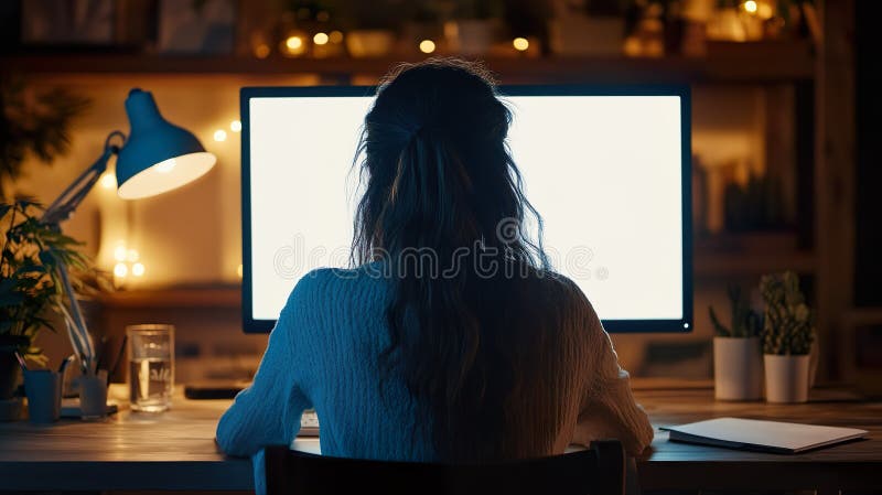 Back View of a Person Working on a Computer in a Dark Office ...
