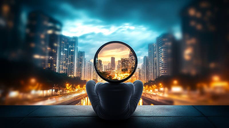 Person Viewing Cityscape through Lens at Night Stock Illustration ...