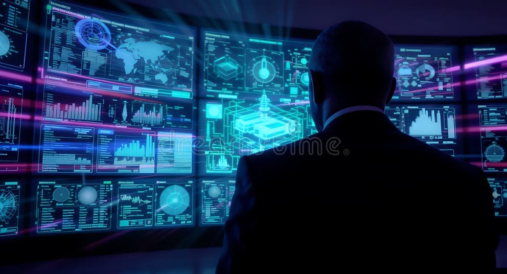 Person Viewing Complex Data on Computer Screens in Control Room Stock ...