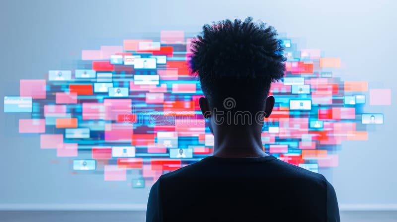 Person Viewing Digital Interface with Overlapping Screens and Data ...