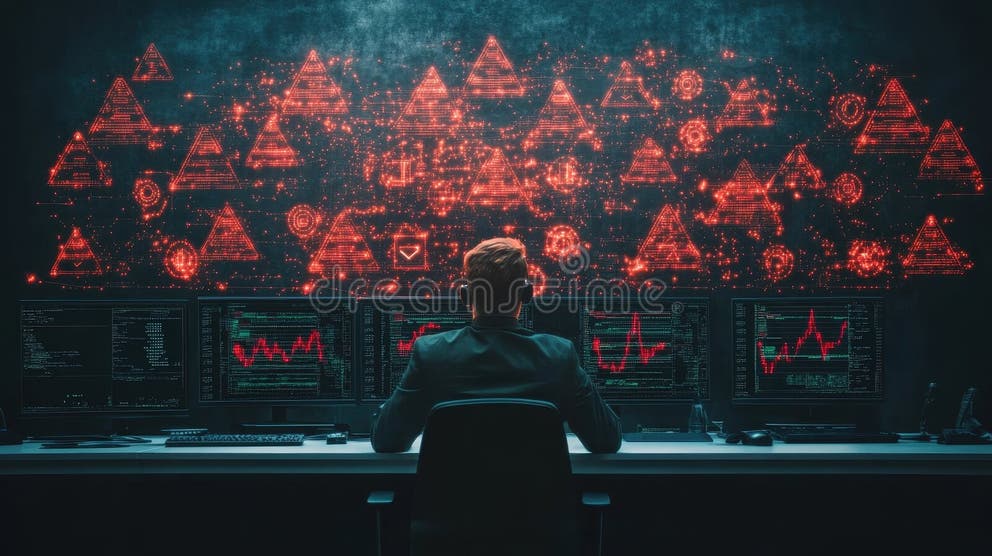 Person Views Glowing Triangles on Screen Monitors for Cybersecurity ...