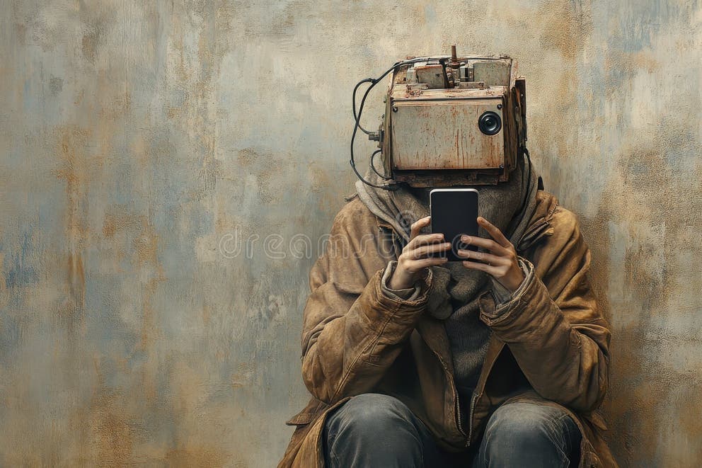 Person with Vintage Device on Head Using Smartphone in Rustic Setting ...