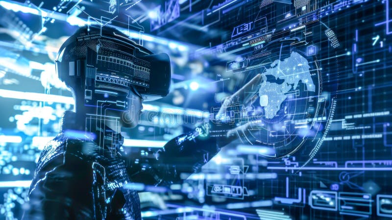 Person in VR Headset with Holographic Global Data Displays Stock Image ...