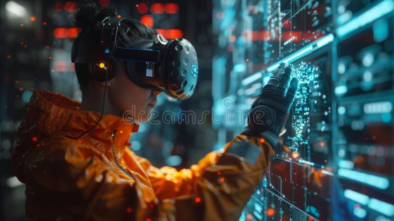 A Person in a VR Headset Reaches Out To a Futuristic Interface with ...