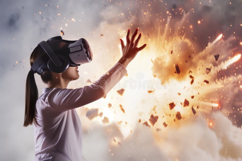 Person with Vr Headset Reaching Out To a Virtual Exploding Wall Stock ...