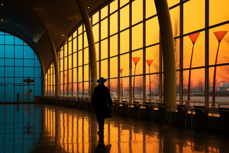 A Person Walking through an Airport with Large Windows Stock ...