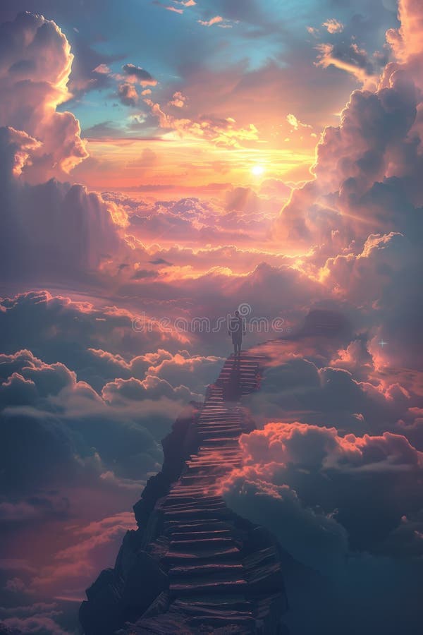 Person Walking Along a Cloud Path at Sunset in a Mystical Scene Stock ...