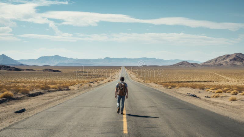 Person Walking Along Empty Road Desolate Landscape Stock Photos - Free ...