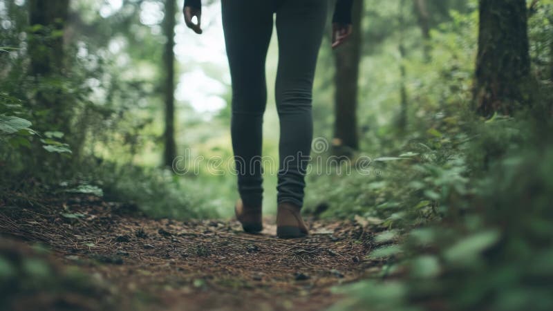 A Person Walking Along a Forest Path with Trees and Foliage on Either ...