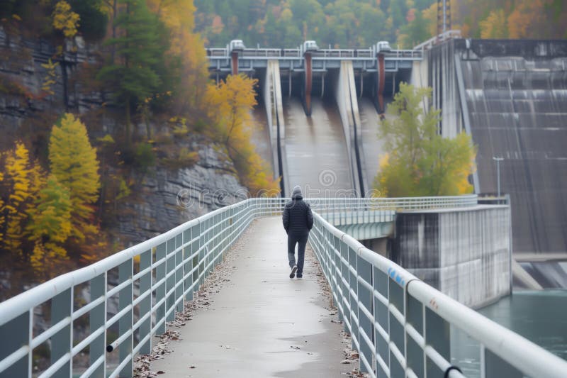 Person Walking on a Bridge with a View of Hydroelectric Gates Stock ...