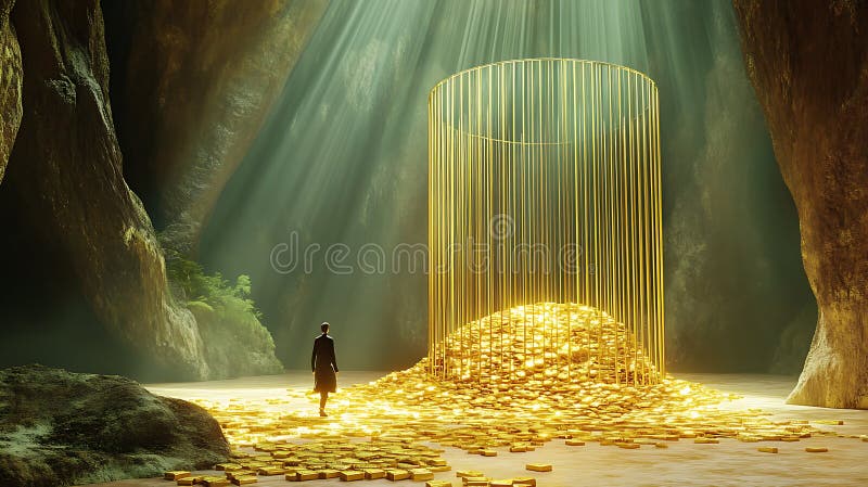 Person Walking into a Cage Made of Gold Bars, Symbolizing the Trap of ...