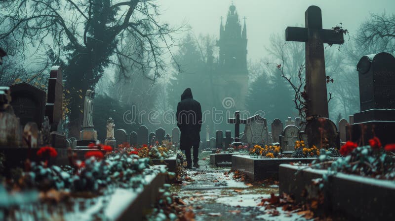 Person Walking through Cemetery in Rain Stock Image - Image of dreary ...