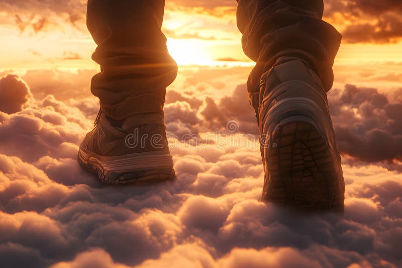 Person Walking on Clouds during a Stunning Sunset Sky Stock Illustration - Illustration of ...
