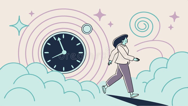 Person Walking on Clouds Towards a Clock Symbolizing Time Progress ...