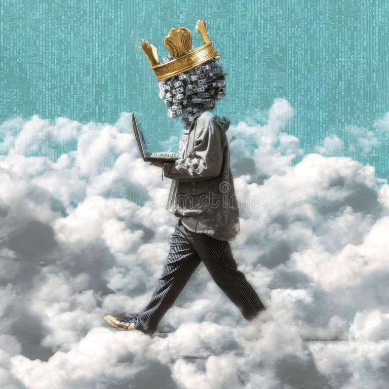Person Walking on Clouds while Wearing a Crown and Using a Laptop in a ...