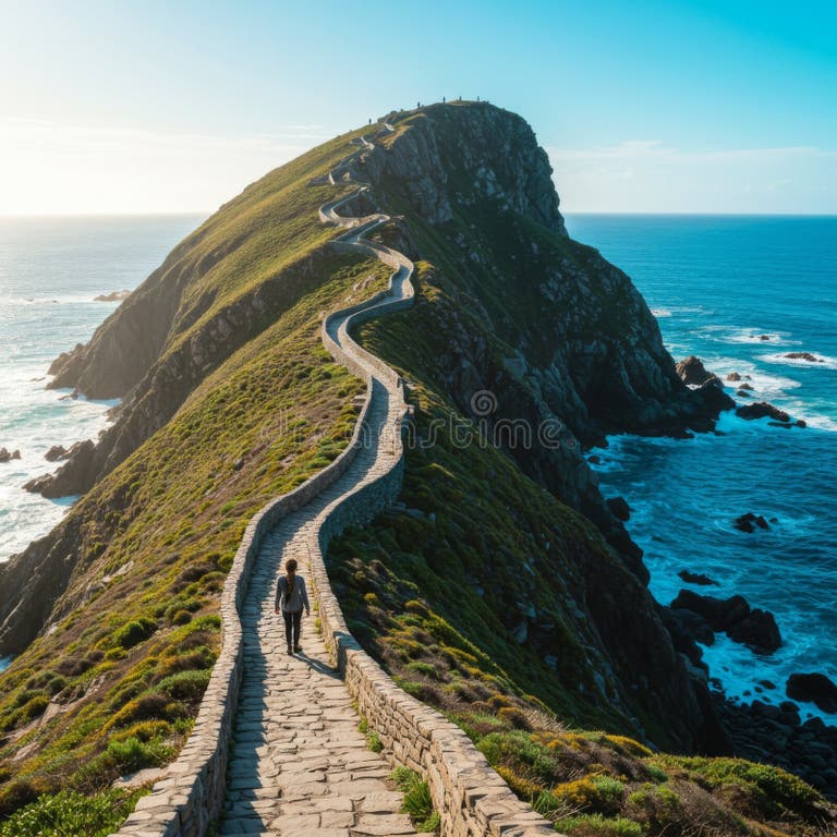 Person Walking Coastal Stone Path Ocean Cliffside Stock Illustration ...